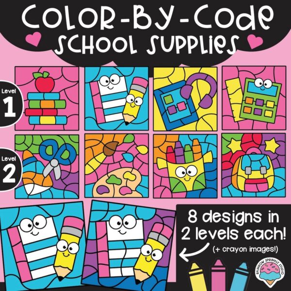 Color by Code School Supplies Clipart Set - Rainbow Sprinkle Studio