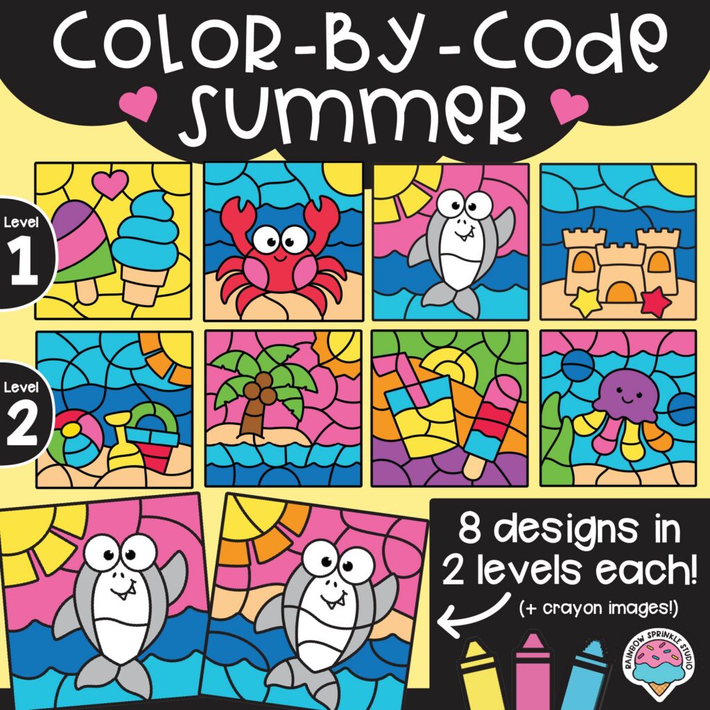 Color by Code Summer Clipart Set - Rainbow Sprinkle Studio