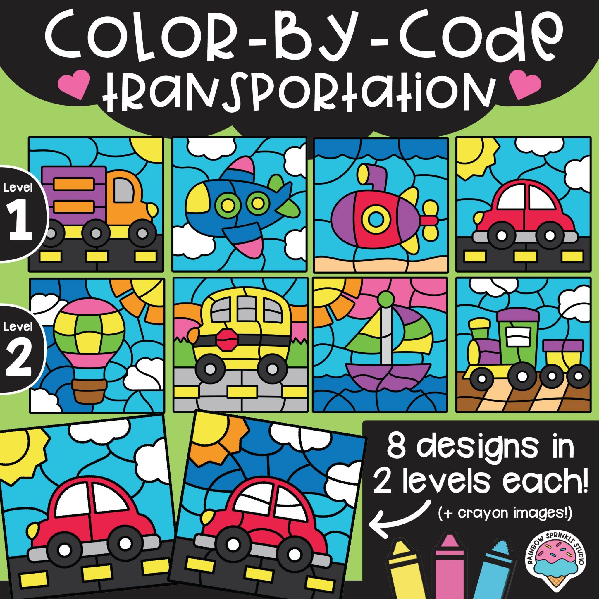 Color by Code Transportation Clipart Set - Rainbow Sprinkle Studio