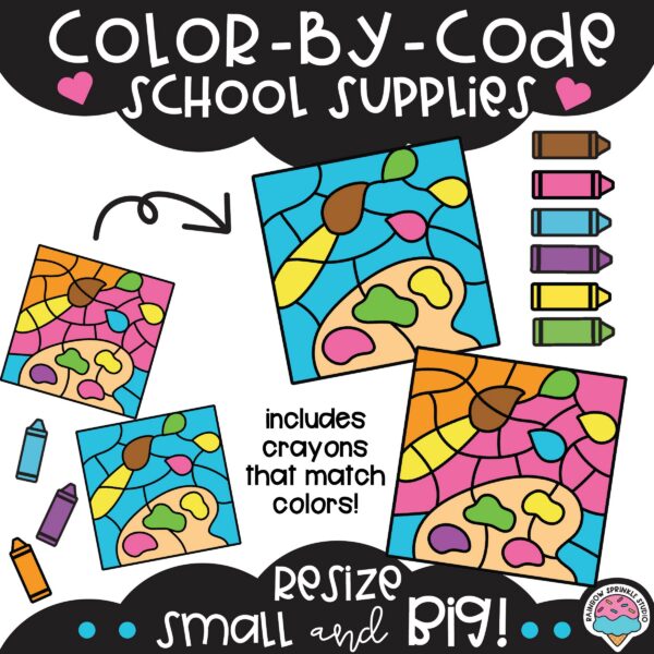 Color by Code School Supplies Clipart Set - Rainbow Sprinkle Studio