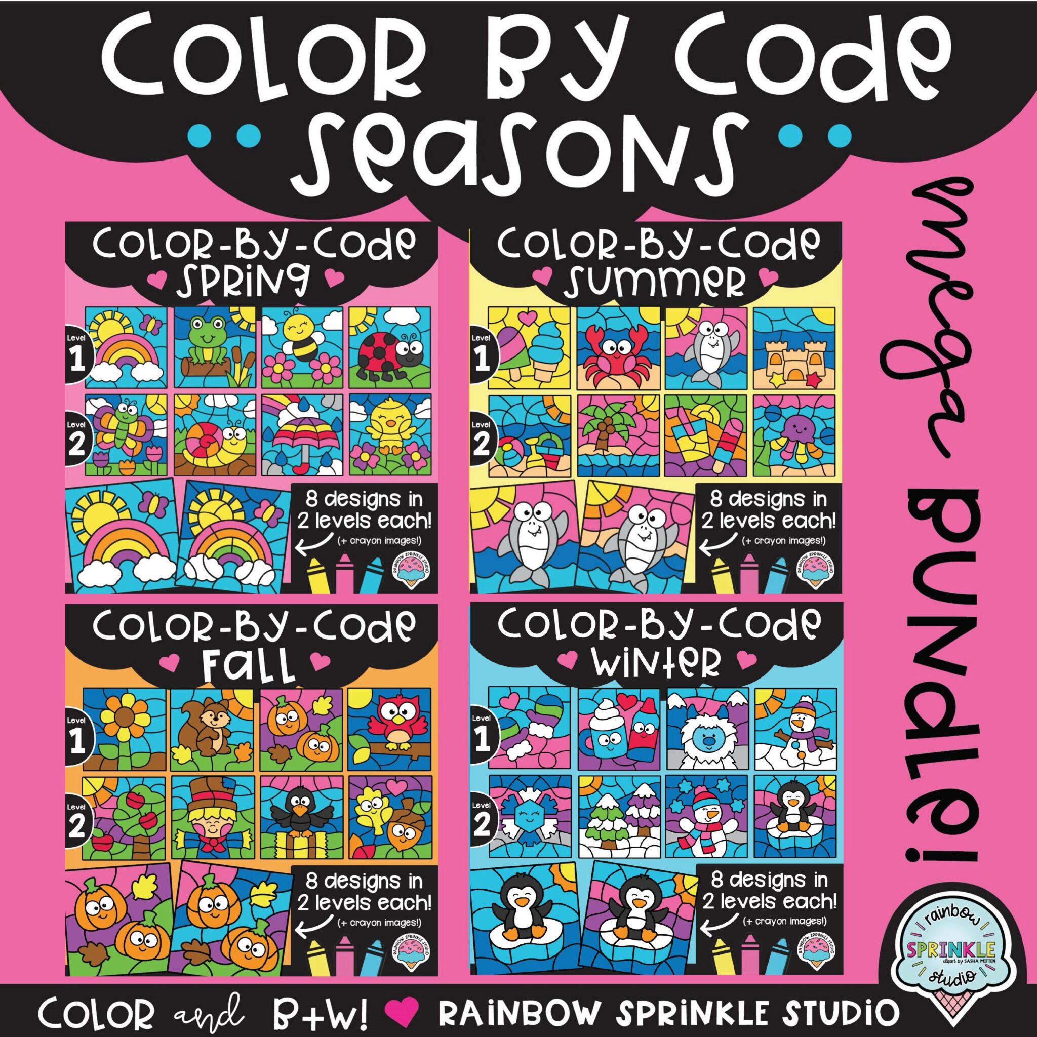 Color By Code Clipart Seasons Growing Bundle - Rainbow Sprinkle Studio